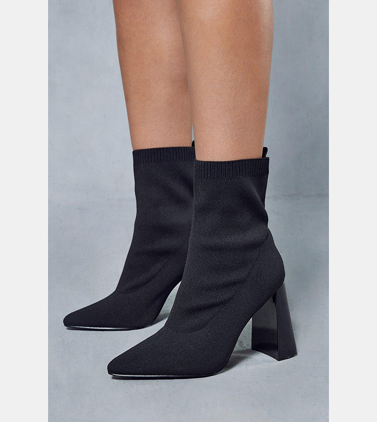 Buy MissPap Pointed Toe Knit Block Heel Ankle Boots In Black ...