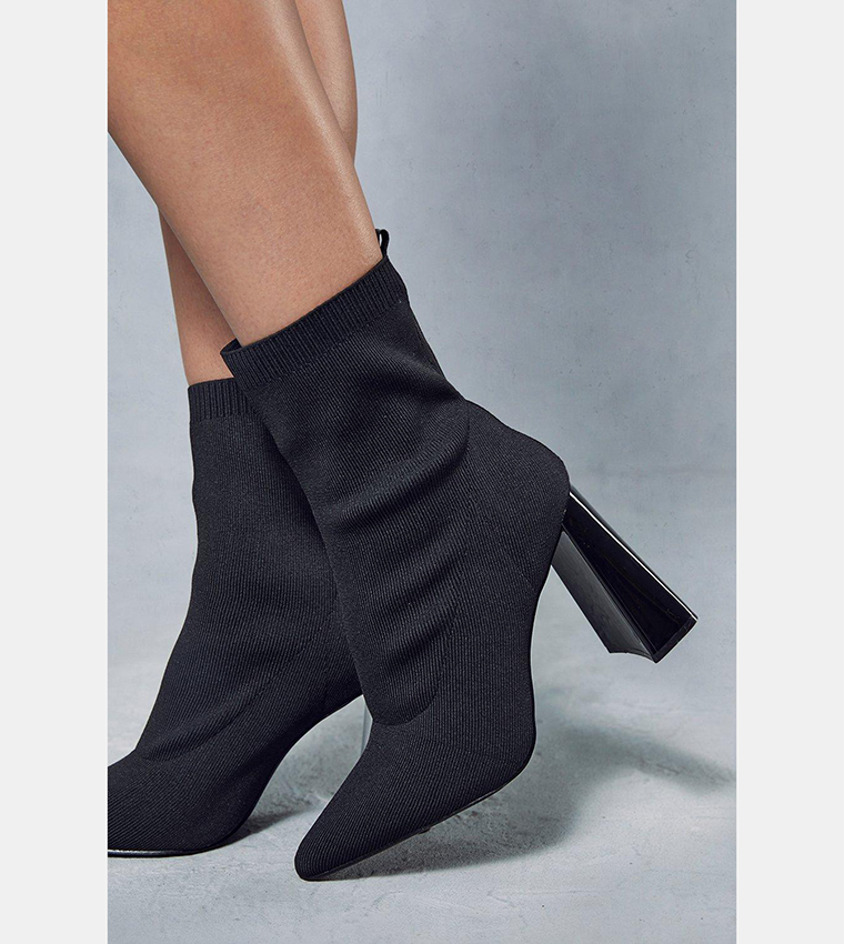 Buy MissPap Pointed Toe Knit Block Heel Ankle Boots In Black ...