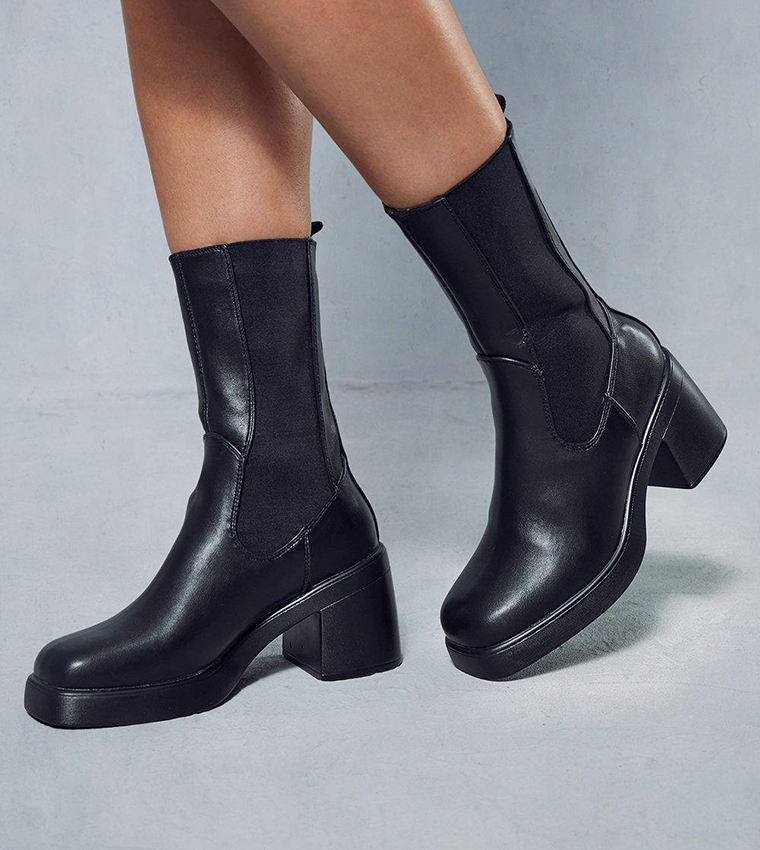 Buy MissPap Leather Look Block Heel Square Toe Calf Boots In Black ...
