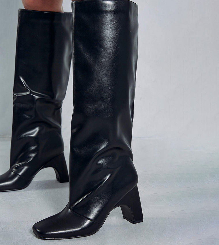 Buy MissPap Leather Look Curved Heeled Knee High Boots In Black ...