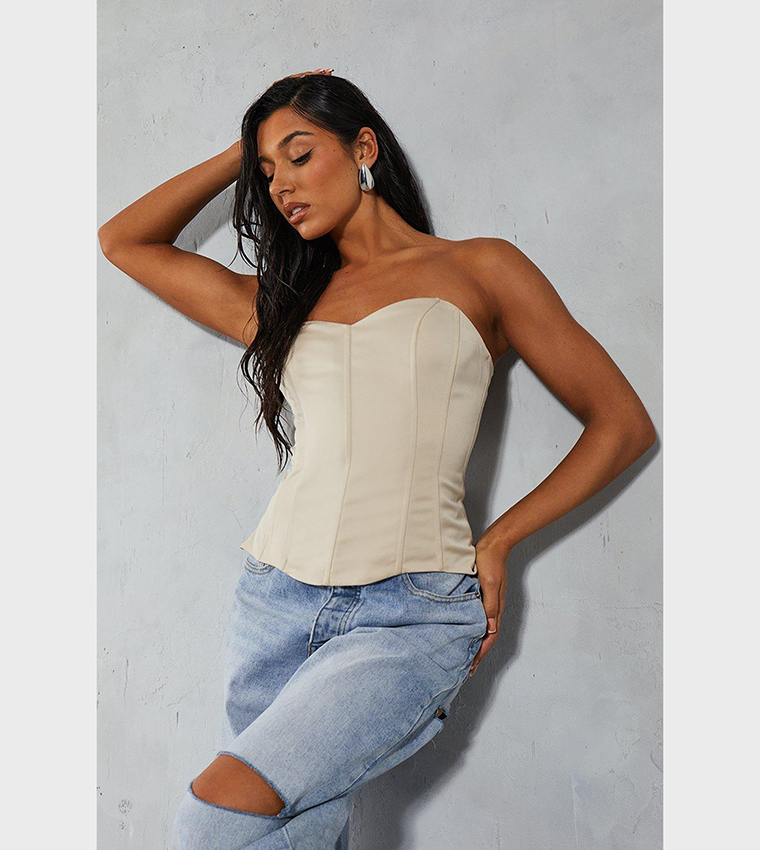 Buy MissPap Satin Shaped Bust Curved Hem Longline Corset Top In STONE ...