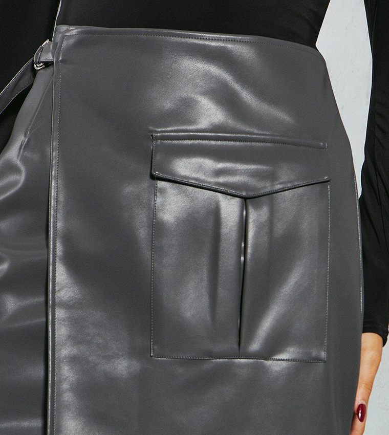 Buy MissPap Leather Look Wrap Over Mini Skirt In STEEL | 6thStreet UAE