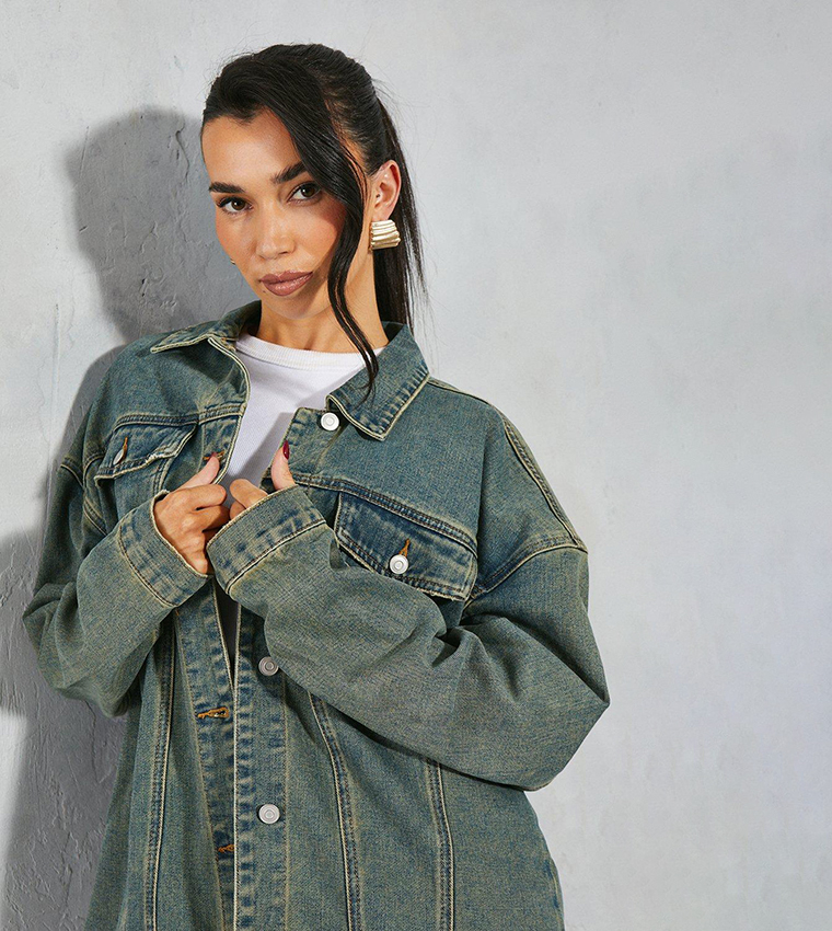 Buy MissPap Denim Sand Blast Oversized Denim Jacket In Green ...