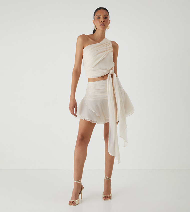 Buy MissPap One Shoulder Knot Draped Top In Cream | 6thStreet UAE