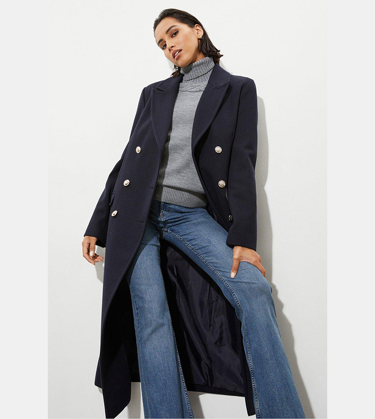 Buy Dorothy Perkins Tall Longline Military Button Coat In Navy ...