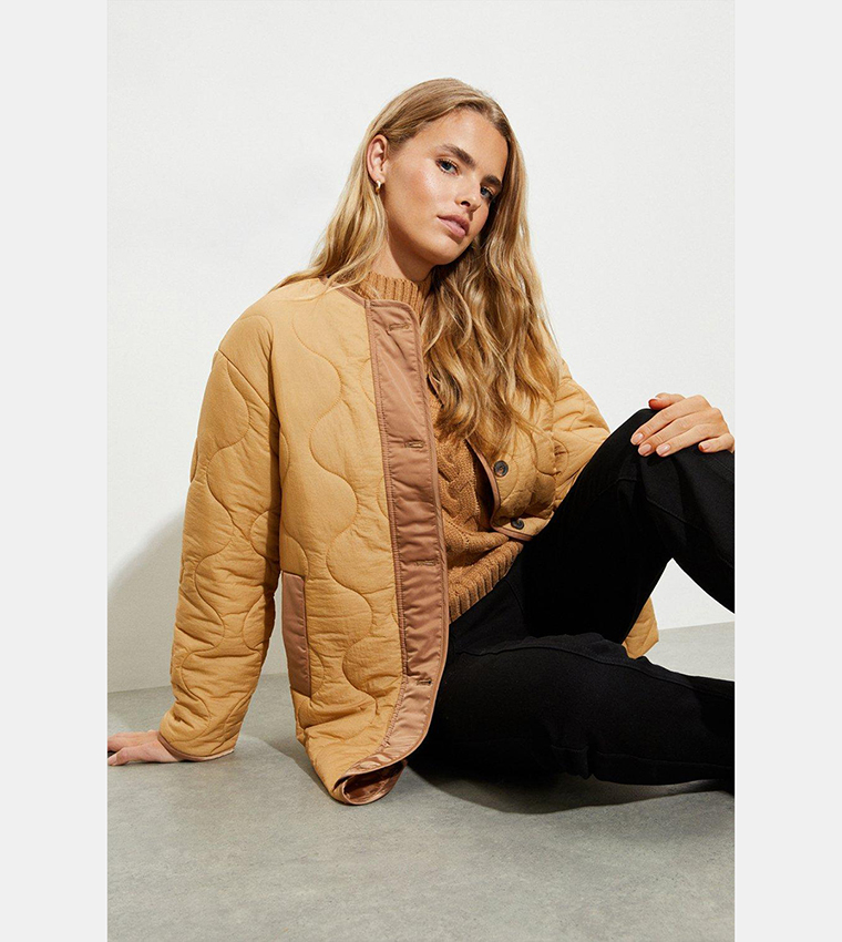 Buy Dorothy Perkins Collarless Contrast Quilted Puffer Jacket In Beige ...