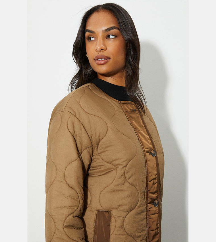 Buy Dorothy Perkins Collarless Contrast Quilted Puffer Jacket In Brown ...