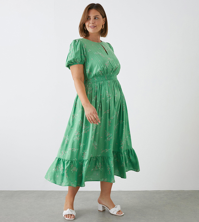 Buy Dorothy Perkins Curve Green Sprig Floral Keyhole Midi Dress In ...