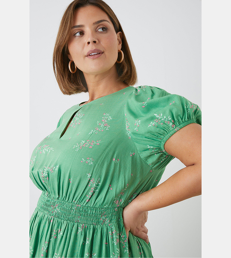 Buy Dorothy Perkins Curve Green Sprig Floral Keyhole Midi Dress In ...