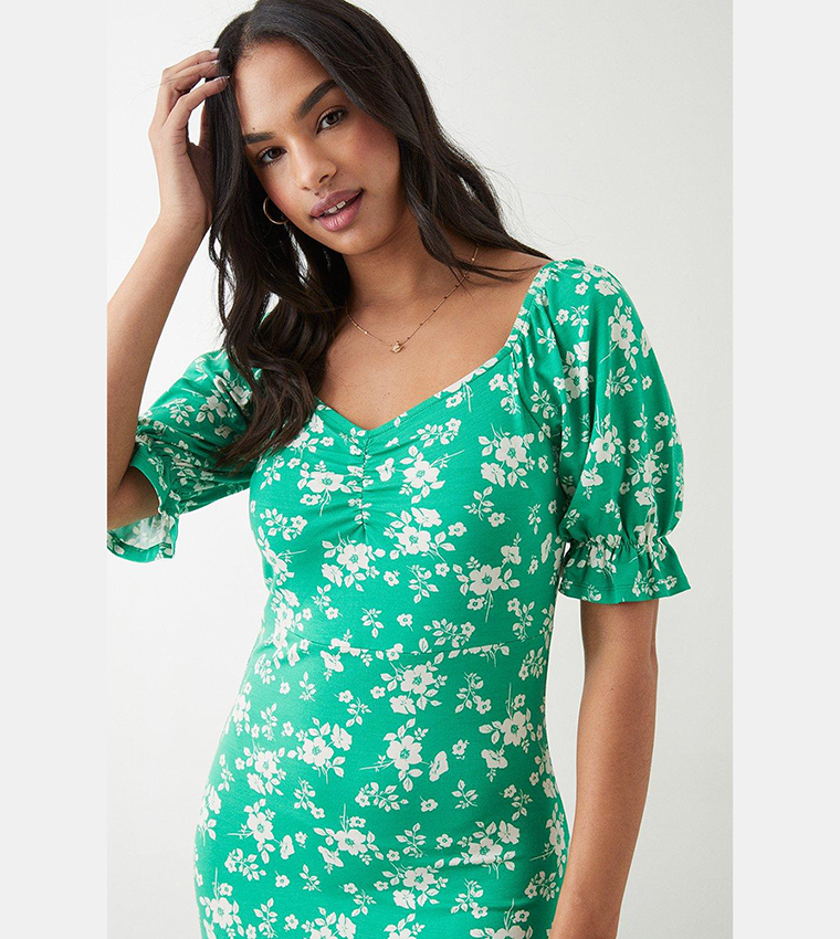 Buy Dorothy Perkins Green Floral Sweetheart Neck Midi Dress In Green ...