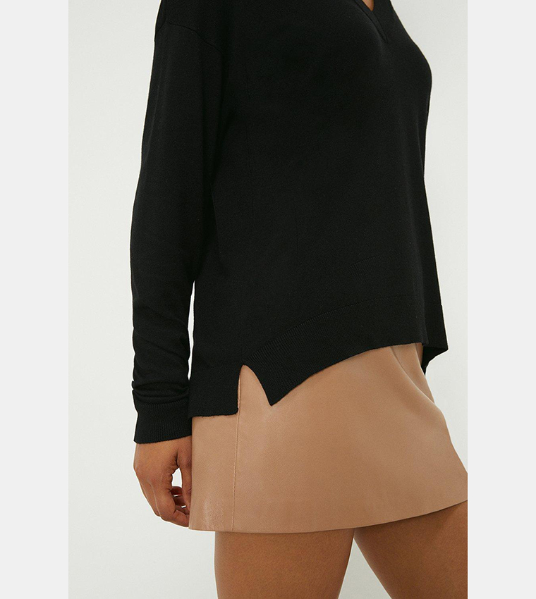 Buy Dorothy Perkins V Neck Side Split Button Cuff Sweater In Black ...