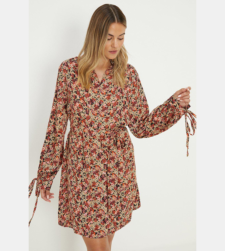 Buy Dorothy Perkins Multi Ditsy High Neck Keyhole Belted Mini Dress In ...