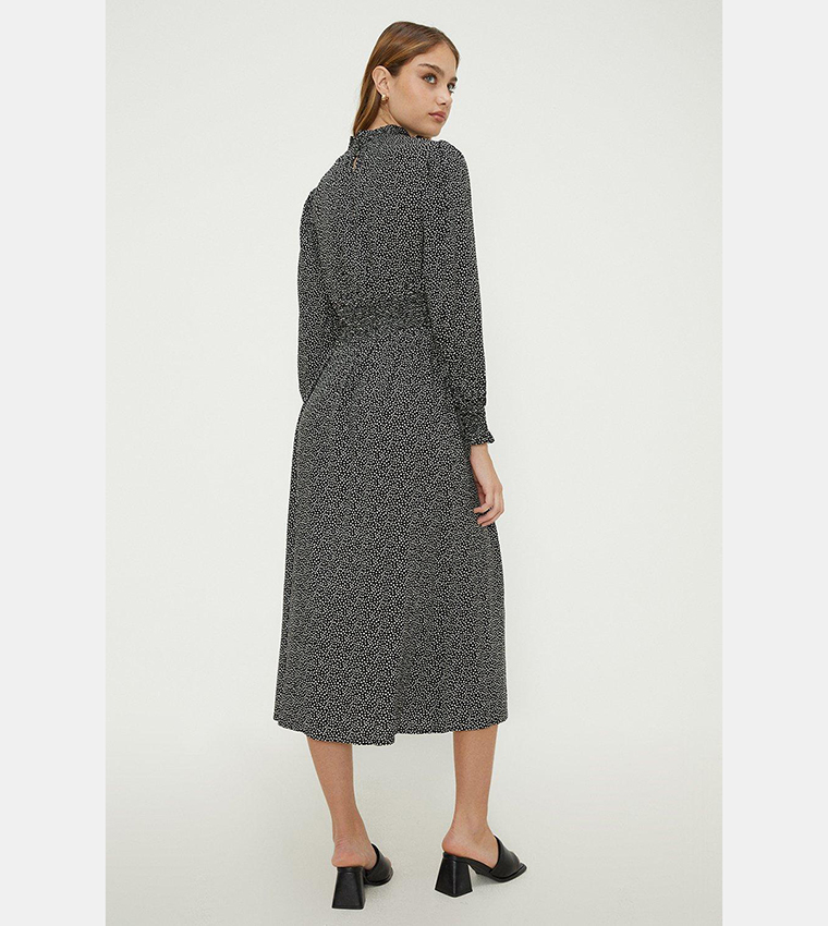 Buy Dorothy Perkins Mono Spot Keyhole Shirred Waist Long Sleeves Midi ...