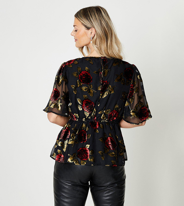 Buy Dorothy Perkins Rose Devore Flutter Sleeves Top In Black ...