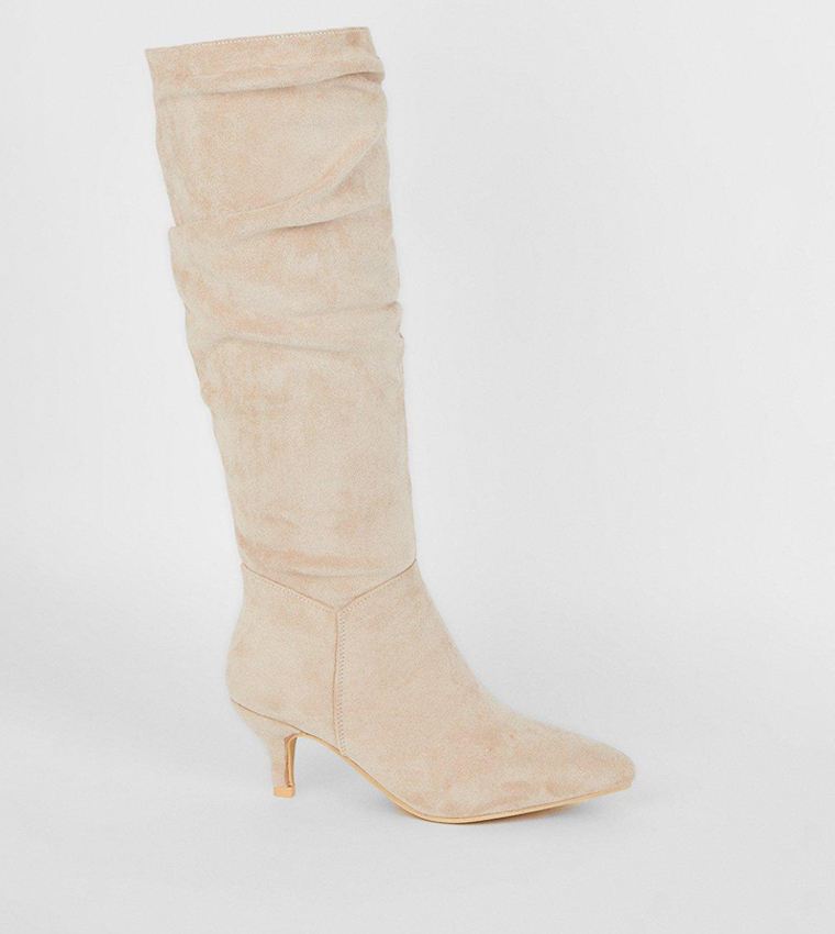 Buy Dorothy Perkins Khloe Knee High Low Heel Ruched Boots In Beige ...