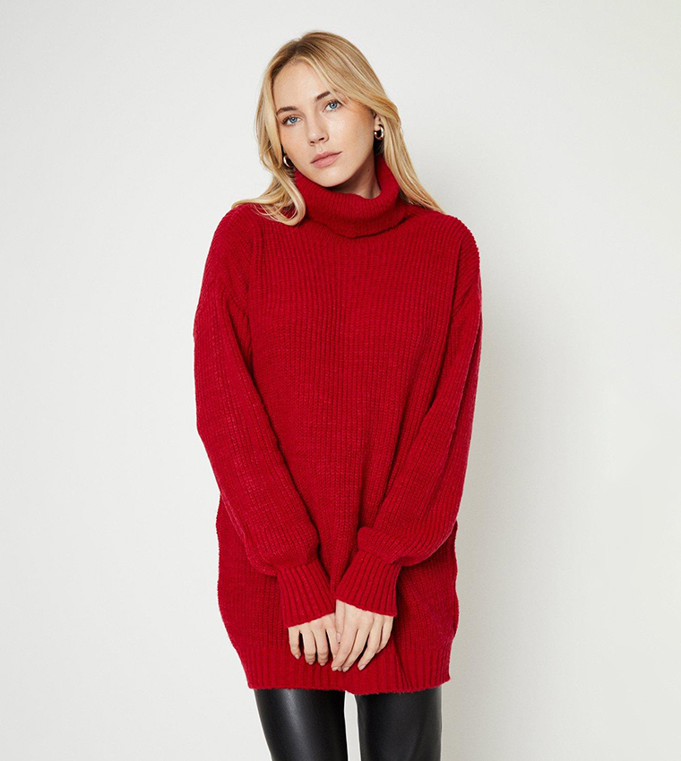 Buy Dorothy Perkins Longline Roll Neck Chunky Sweater In Red