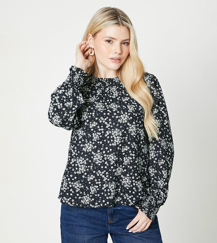 Buy Dorothy Perkins Floral Shirred Cuff Long Sleeves Top In Black ...