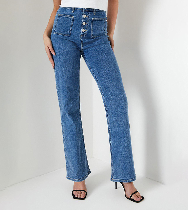 Buy Dorothy Perkins Tall High Rise Button Detail Flare Jeans In Blue ...
