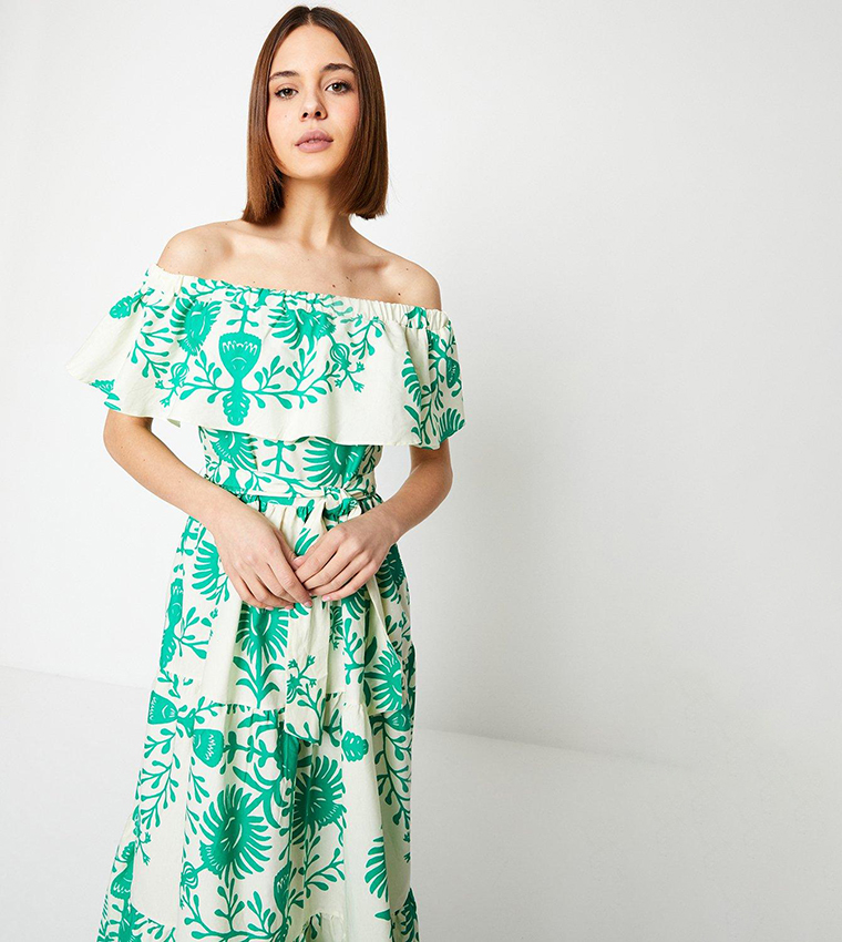 Buy Dorothy Perkins Green Floral Print Tiered Bardot Midi Dress In ...