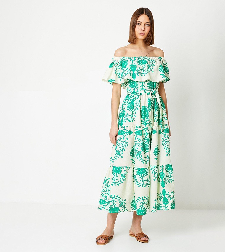 Buy Dorothy Perkins Green Floral Print Tiered Bardot Midi Dress In ...