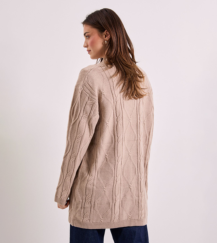 Buy Dorothy Perkins Cable Knit Longline Cardigan In Beige | 6thStreet UAE