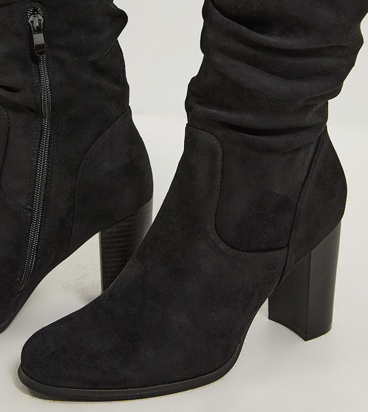 Buy Dorothy Perkins Nora Faux Suede Ruche High Block Heel Boots In ...