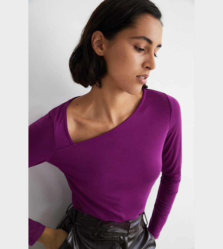 Buy Warehouse Asymmetric Neck Long Sleeves Top In Purple | 6thStreet UAE
