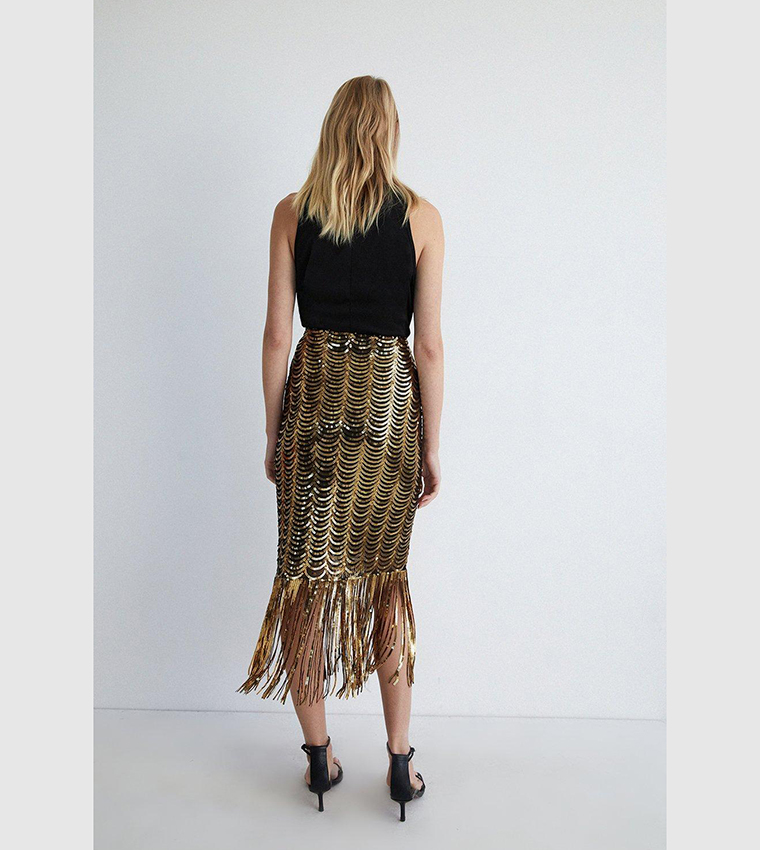 Buy Warehouse Scallop Sequin Tassel Skirt In Gold | 6thStreet Saudi Arabia