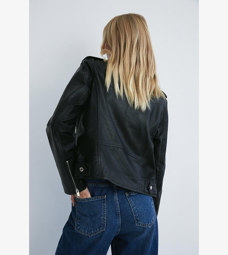 Buy Warehouse Real Leather Tab Detail Biker Jacket In Black | 6thStreet ...