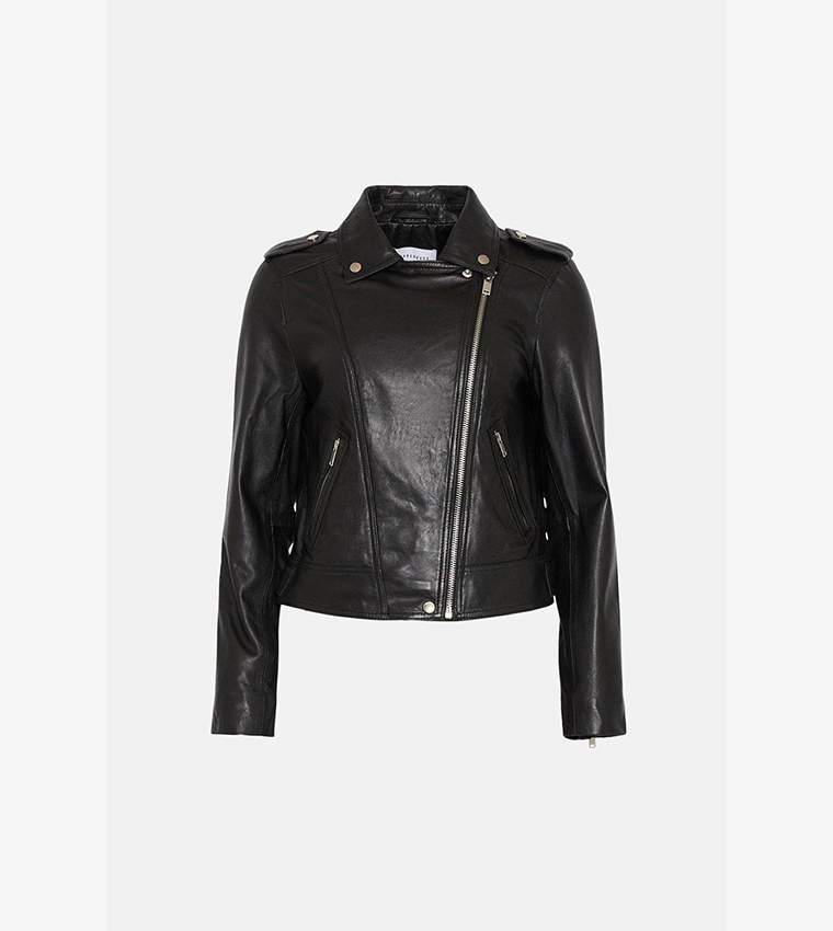 Buy Warehouse Real Leather Tab Detail Biker Jacket In Black | 6thStreet ...
