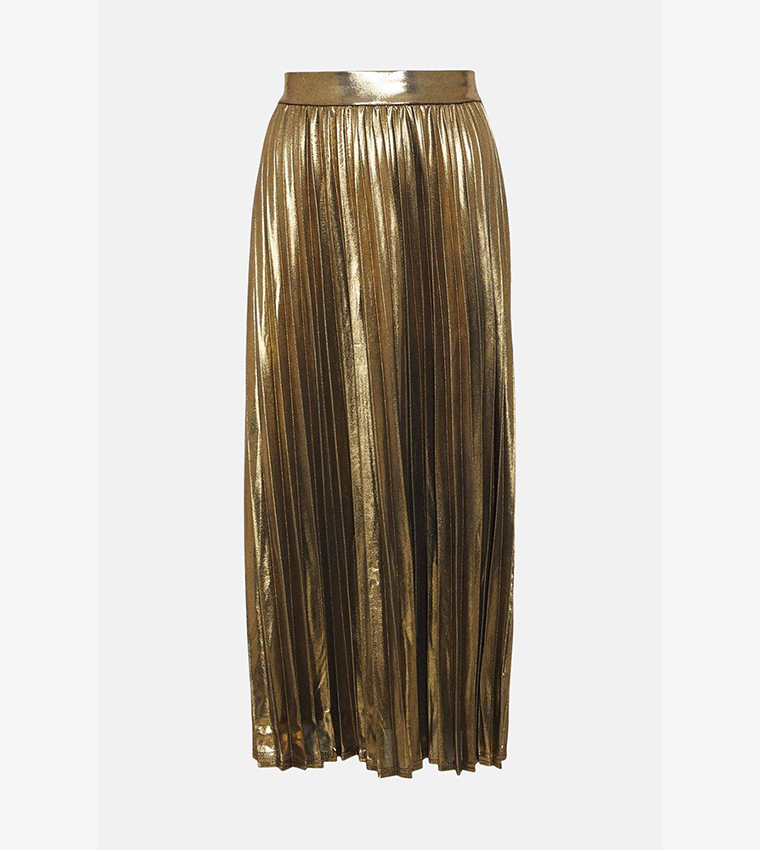 Buy Warehouse Metallic Lame Pleated Midi Skirt In Bronze | 6thStreet Kuwait