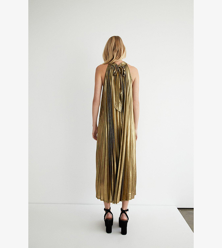 Buy Warehouse Metallic Lame Pleated Halter Neck Midi Dress In Bronze