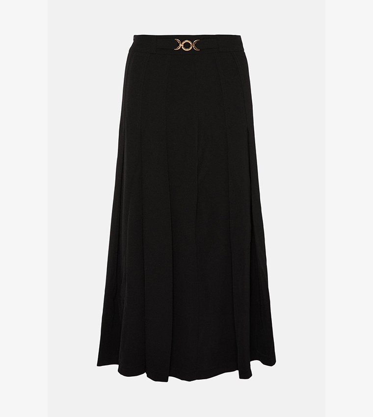 Buy Warehouse Pleated Tailored Midi Skirt With Gold Trim In Black ...