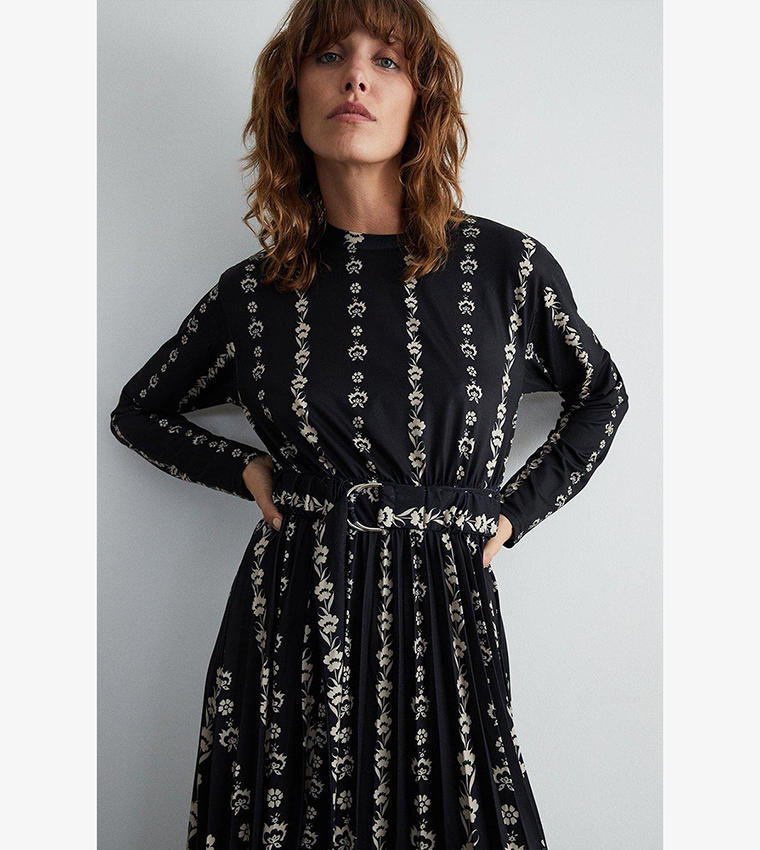 Buy Warehouse Border Print Pleated D Ring Midi Dress In Black ...