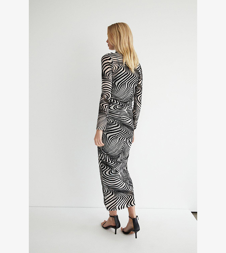 Buy Warehouse Flocked Mesh Funnel Neck Midi Dress In BLACKWHITE ...