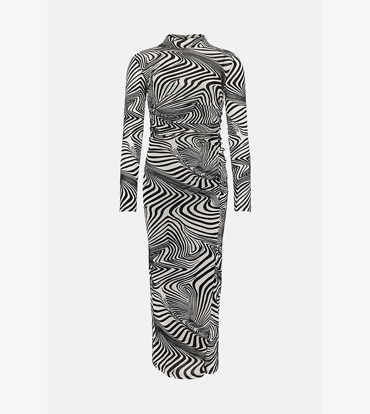 Buy Warehouse Flocked Mesh Funnel Neck Midi Dress In BLACKWHITE ...