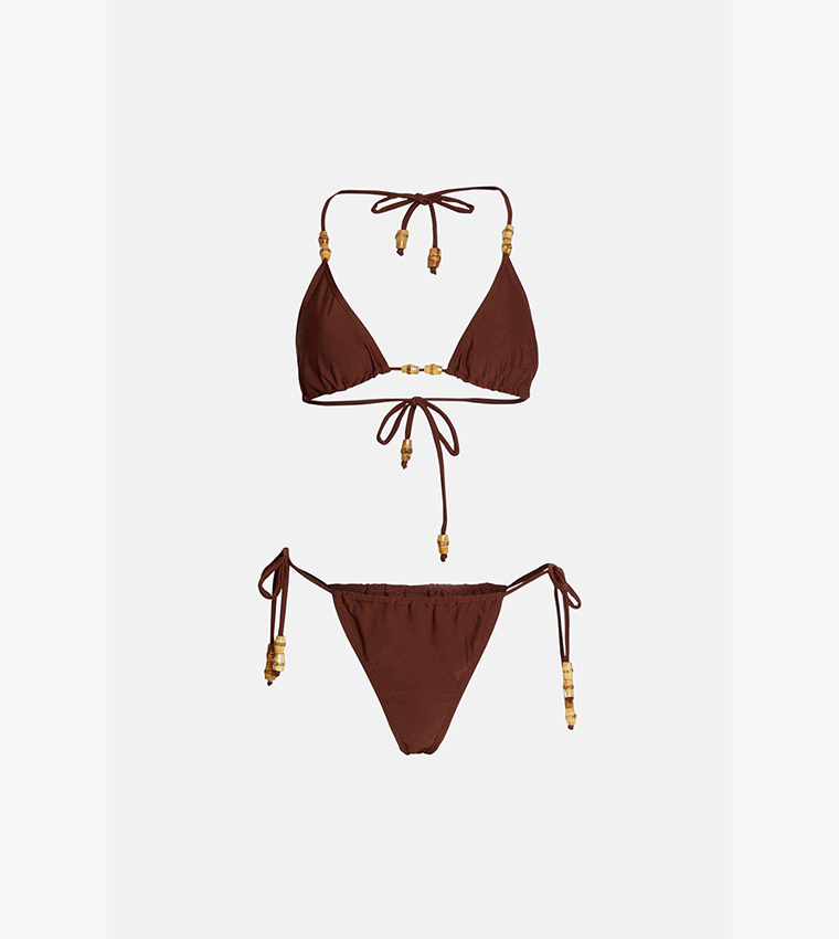 Buy Warehouse Wooden Beaded Triangle Bikini Set In CHOCOLATE ...