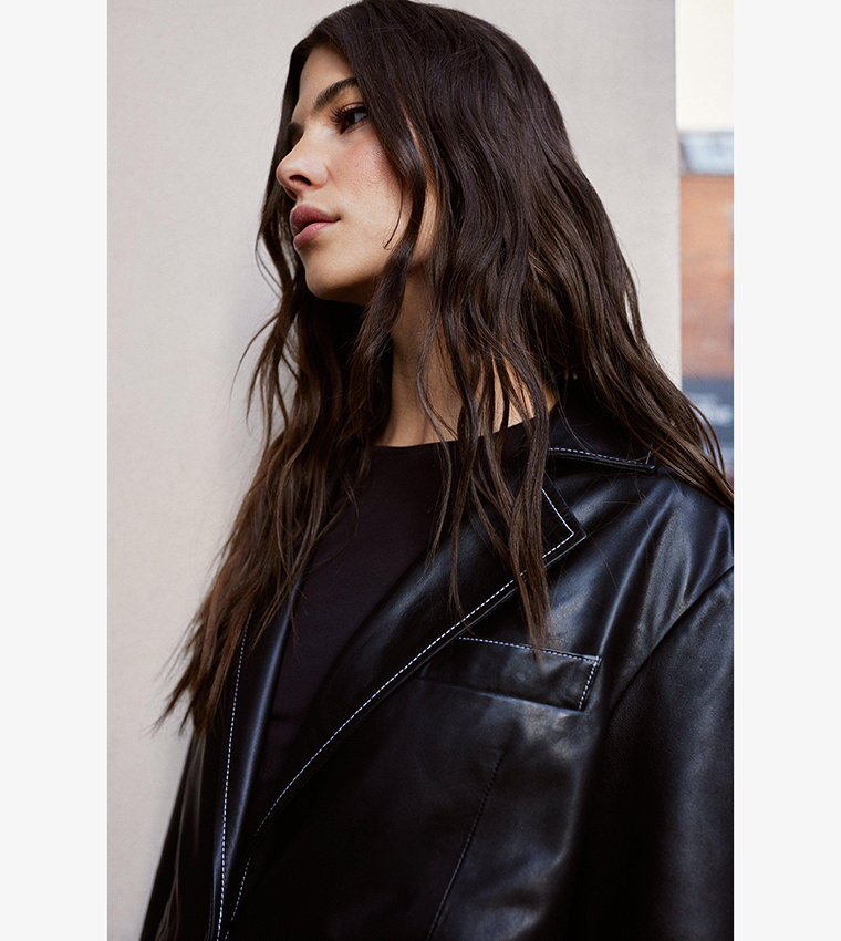 Buy Warehouse Premium Real Leather Contrast Stitch Duster Coat In Black ...