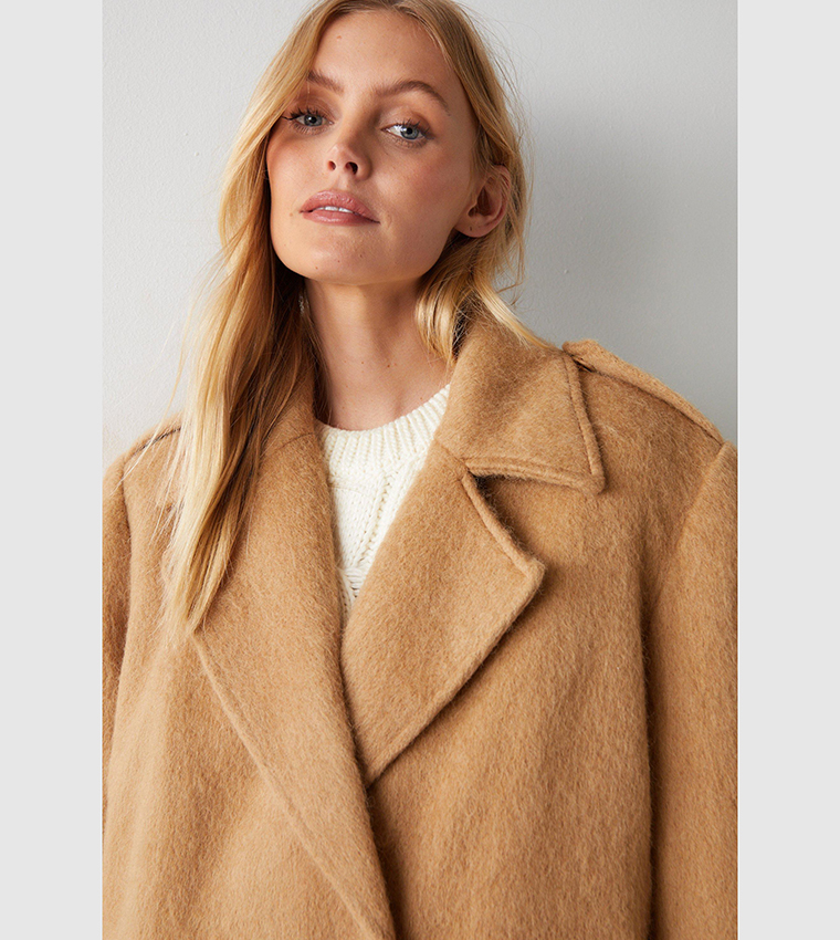 Buy Warehouse Epaulette Detail Wool Blend Coat In Camel | 6thStreet Bahrain
