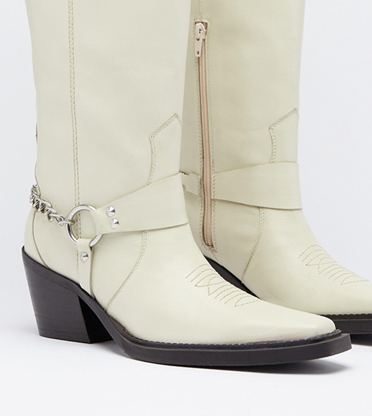 Buy Warehouse Leather Stud Harness Knee High Cowboy Boots In Cream ...