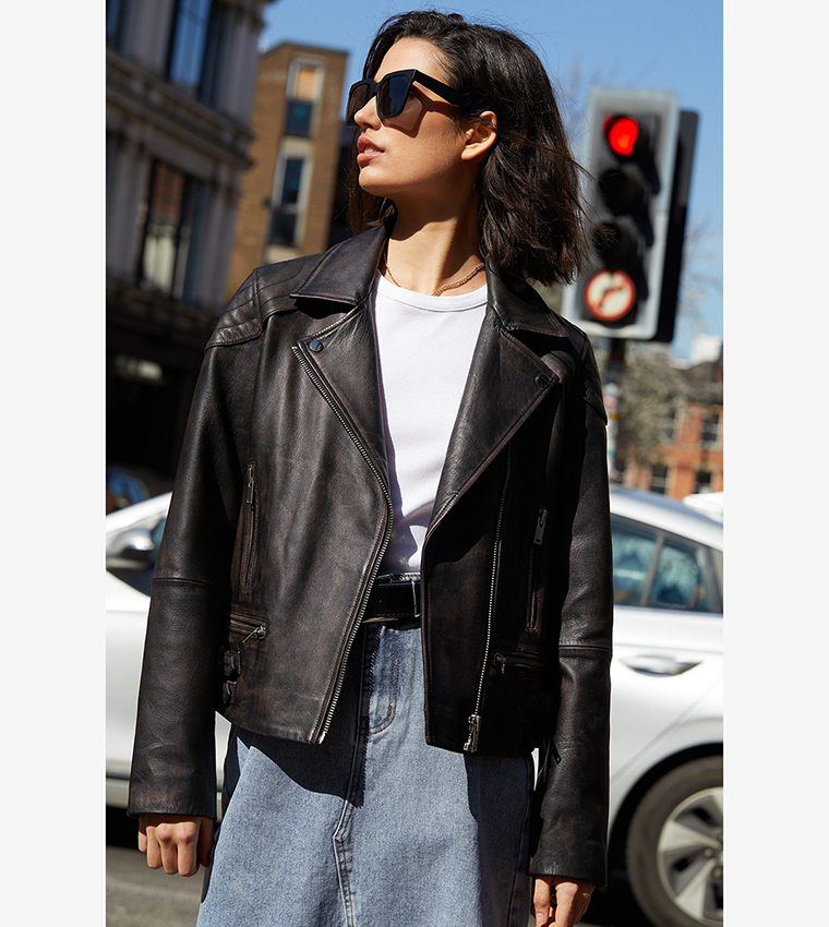 Buy Warehouse Real Leather Washed Biker Jacket In CHOCOLATE | 6thStreet ...