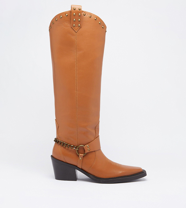Buy Warehouse Leather Stud Harness Knee High Cowboy Boots In Tan ...