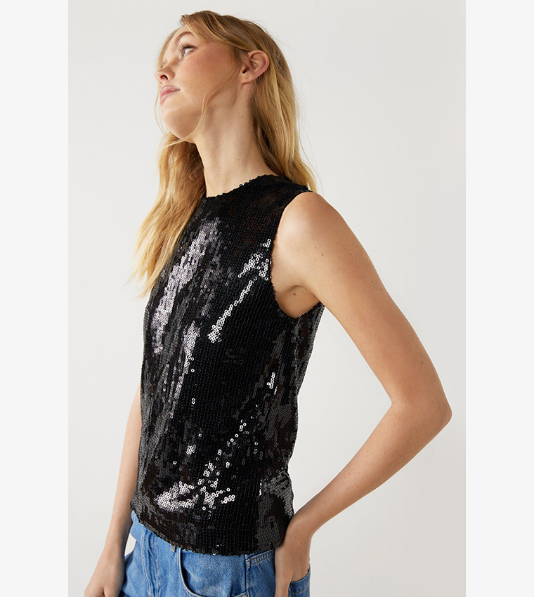 Buy Warehouse Sleeveless Sequin Crew Neck Top In Black | 6thStreet Saudi Arabia
