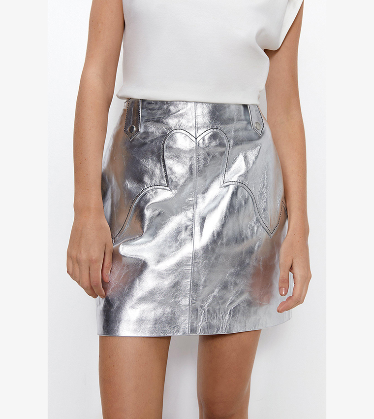 Buy Warehouse Real Leather Western Stitch Mini Skirt In Silver ...