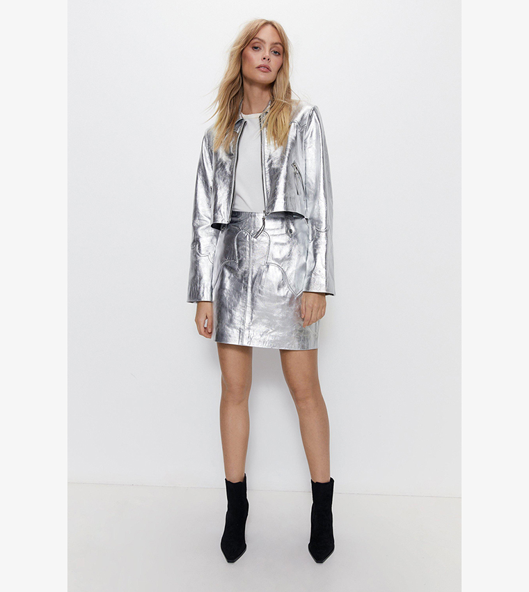 Buy Warehouse Real Leather Western Stitch Mini Skirt In Silver ...