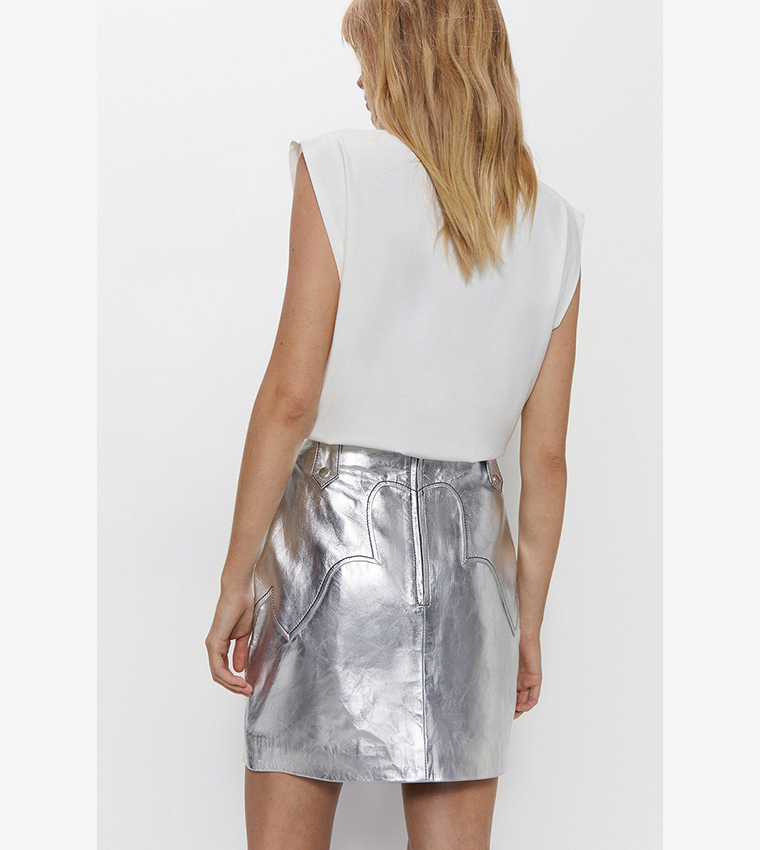 Buy Warehouse Real Leather Western Stitch Mini Skirt In Silver ...