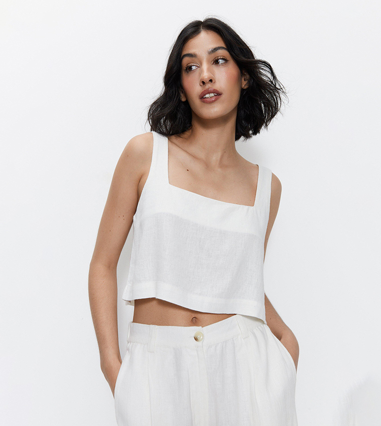 Buy Warehouse Linen Box Strappy Crop Top In White | 6thStreet Kuwait
