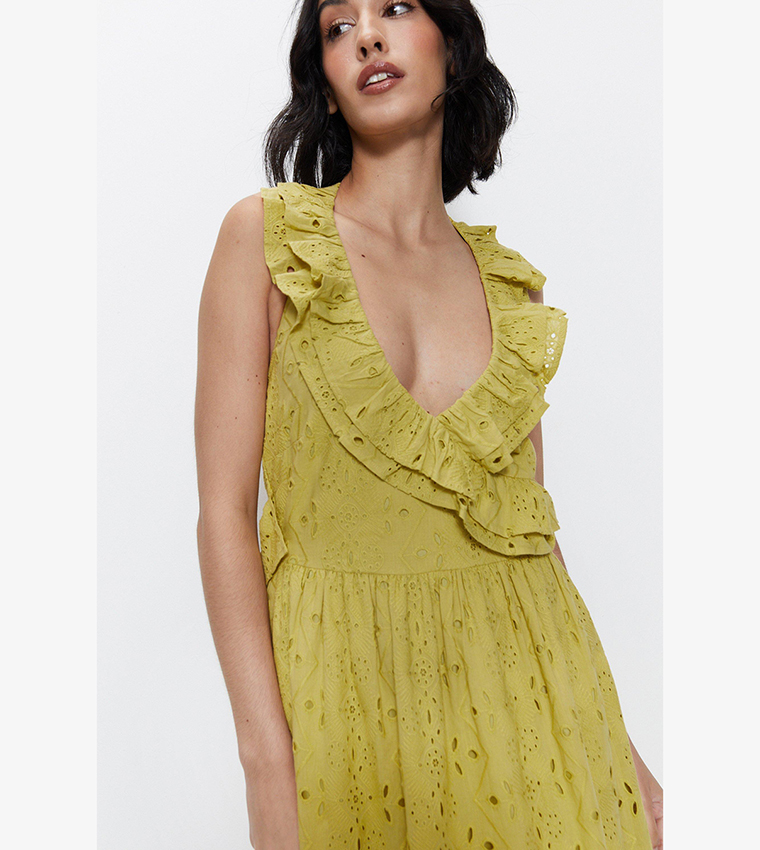 Buy Warehouse Broderie Ruffle Frill Midaxi Dress In Olive | 6thStreet Kuwait