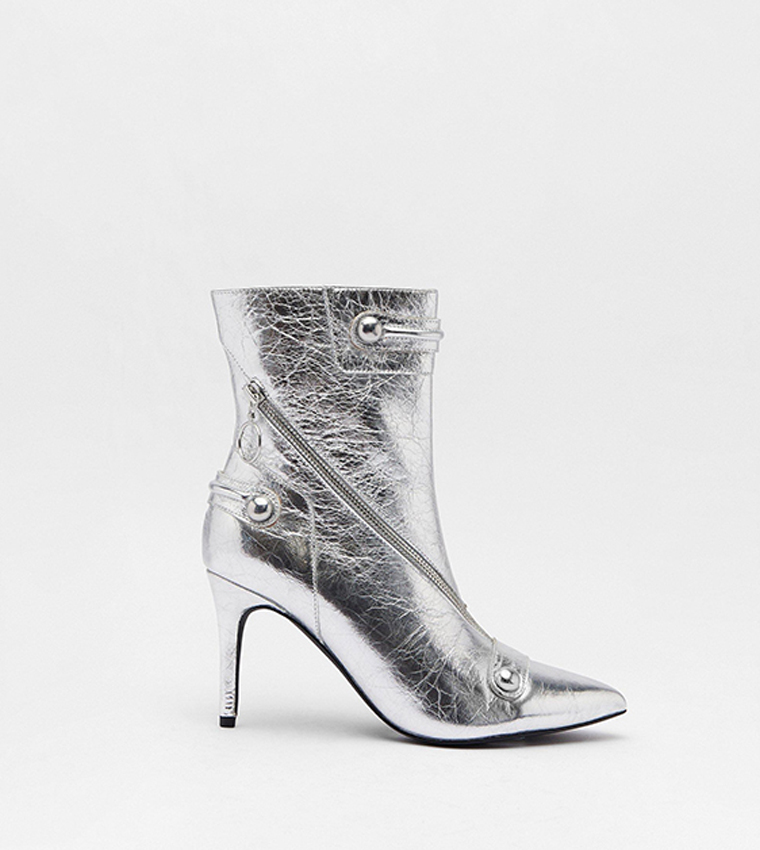 Buy Warehouse Leather Metallic Zip And Stud Pointed Toe Ankle Boots In ...