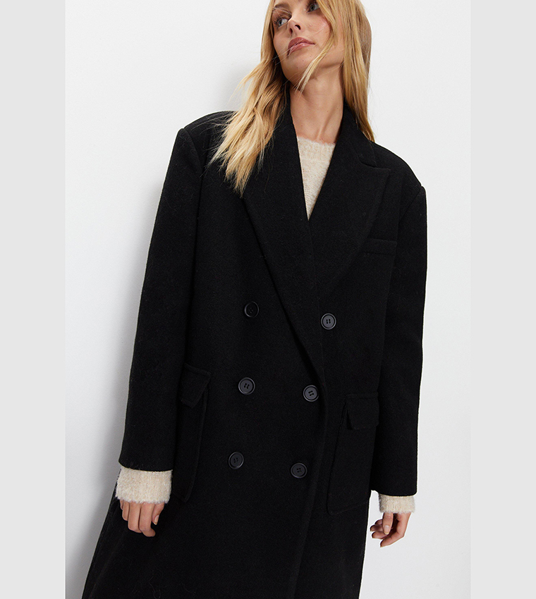 Buy Warehouse Premium Wool Look Tailored Coat In Black | 6thStreet Qatar